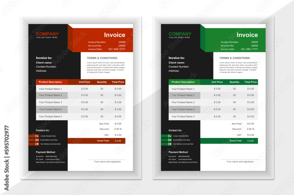 Modern invoice design in attractive variations of red, green and black ...