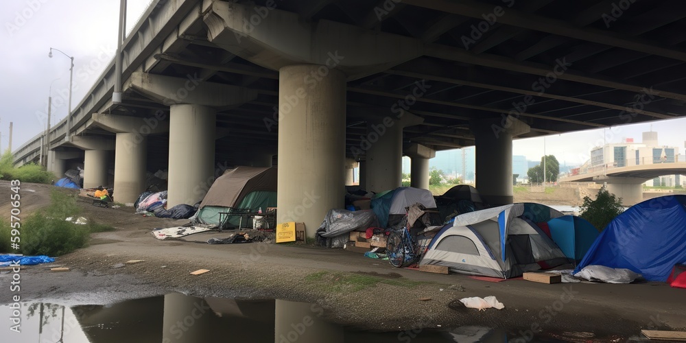 A homeless encampment under a bridge, reflecting the harsh reality of ...