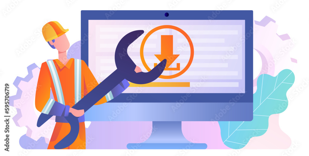 System update concept. Man in uniform and protective helmet with wrench ...