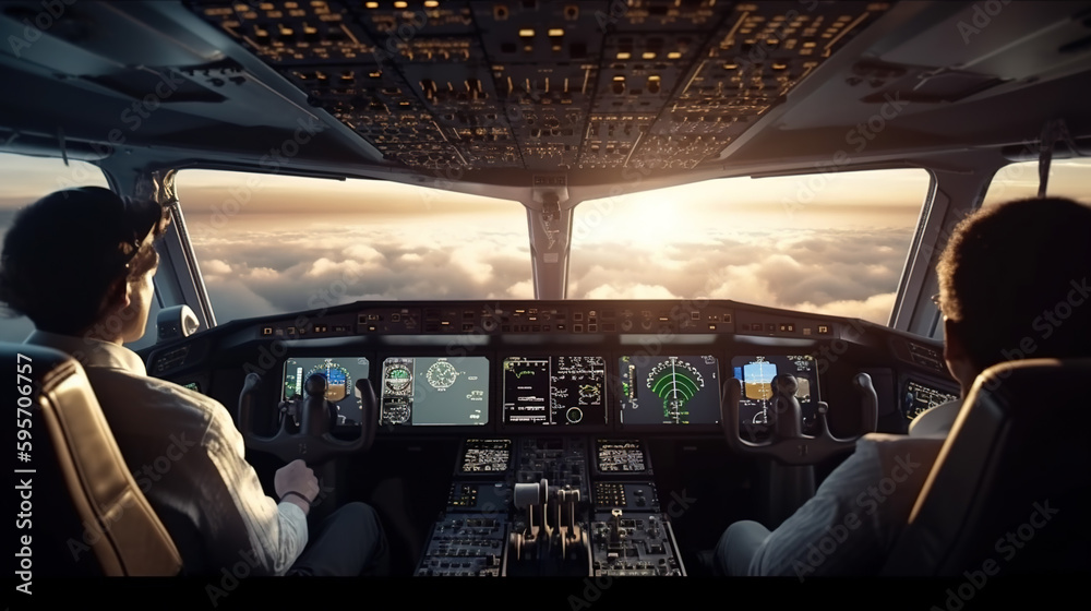 Cockpit of airplane inside view, pilots in flight deck of modern ...