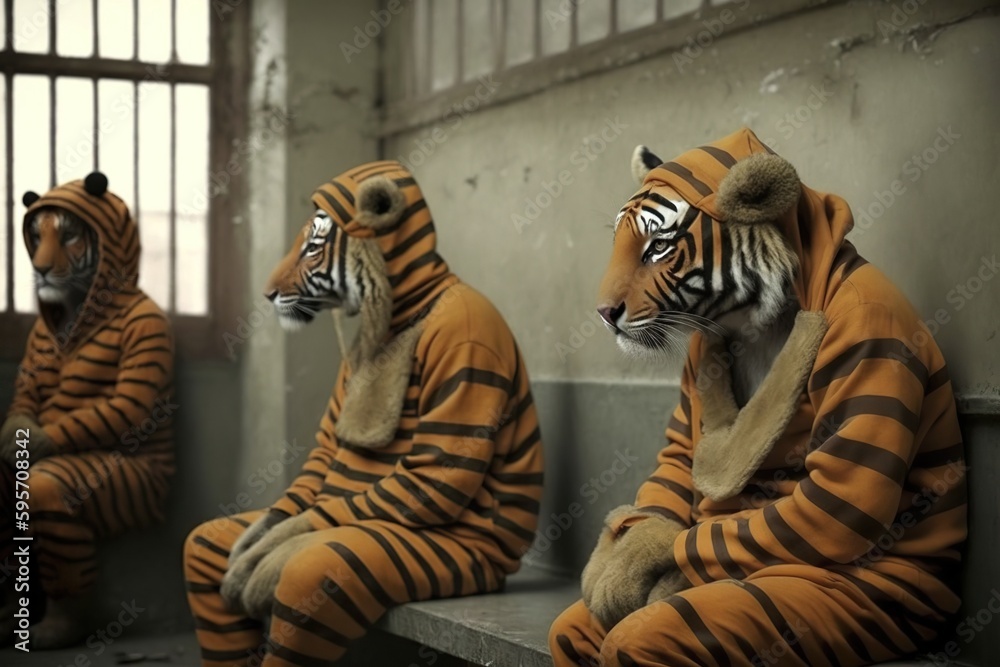 Tigers dressed as prisoners sit in prison, created with Generative AI ...