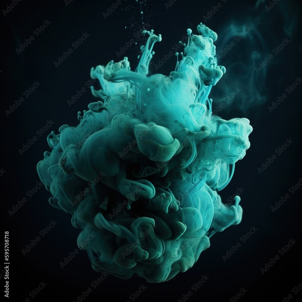 Fluid drop. Paint water. Explosion fume. Blue green color ink smoke ...