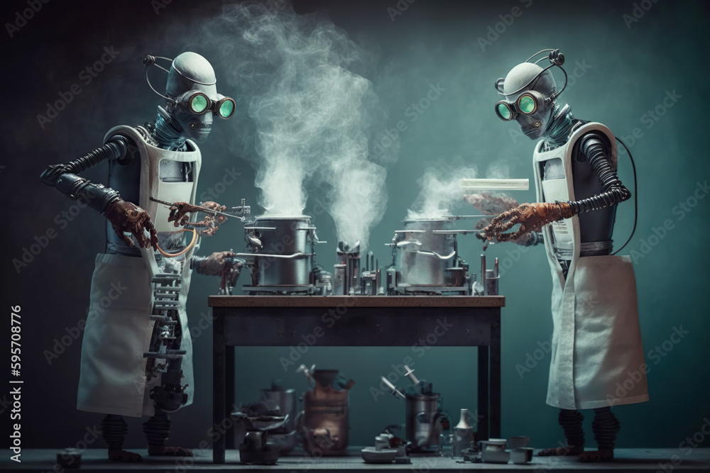 Robots dressed as scientists experiment on created with Generative AI technology Stock ...