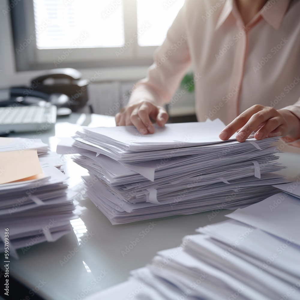 Stack of papers and balance sheet with bureaucracy hardworking in ...