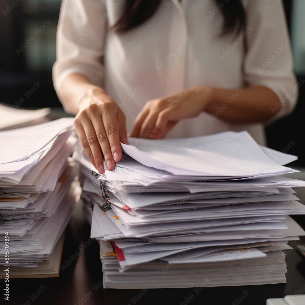 Paper stack, unfinished document, Close up hands of asian bookkeeper ...