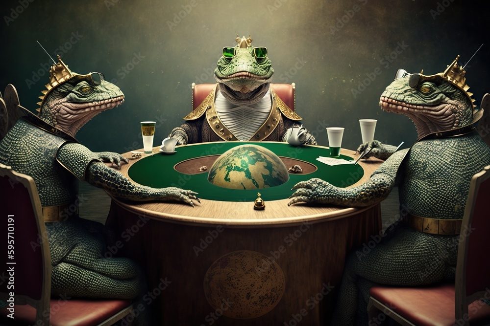 Reptilians sit at a round table with a world map, created with ...