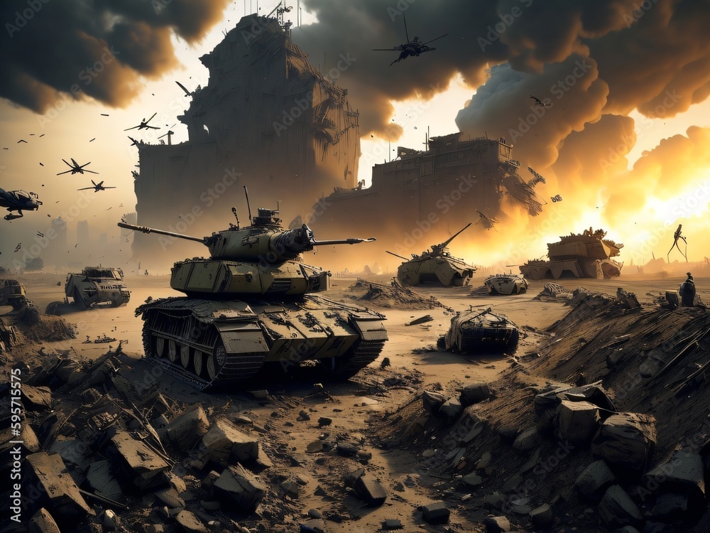 battlefield scene with destruction and chaos: Imagine a battlefield ...