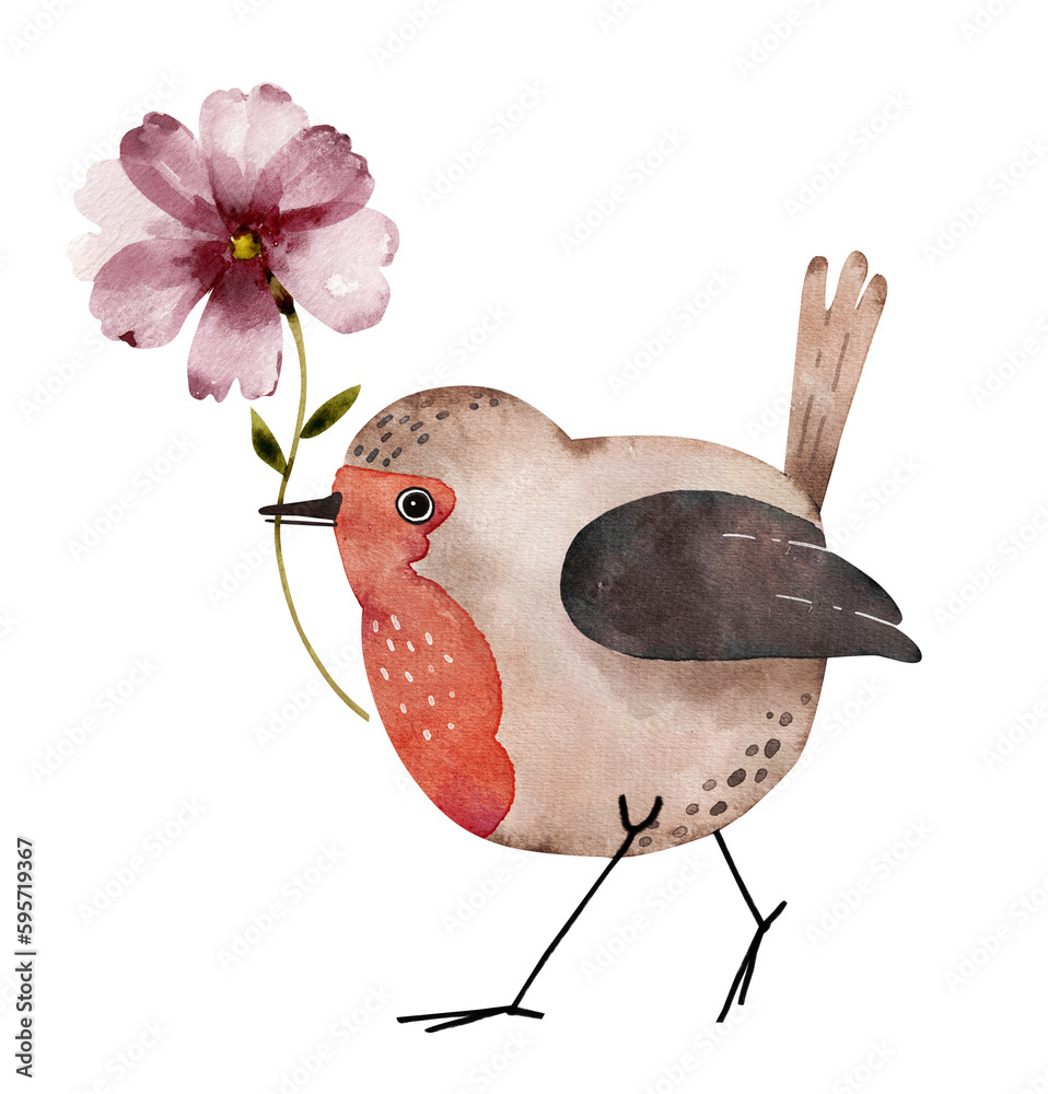 Cartoon bird with a flower in its beak, watercolor illustration, hand ...