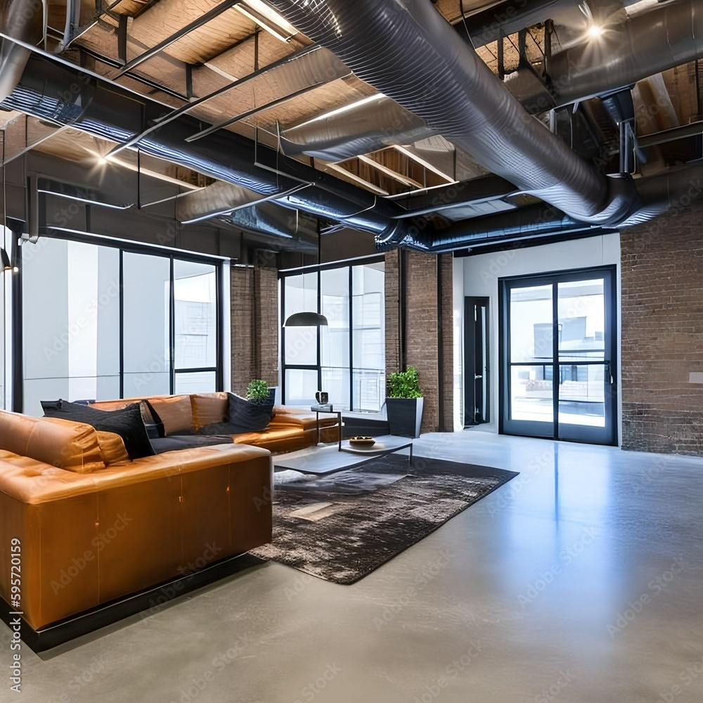 16 An urban loft-style living room with exposed ductwork, concrete ...