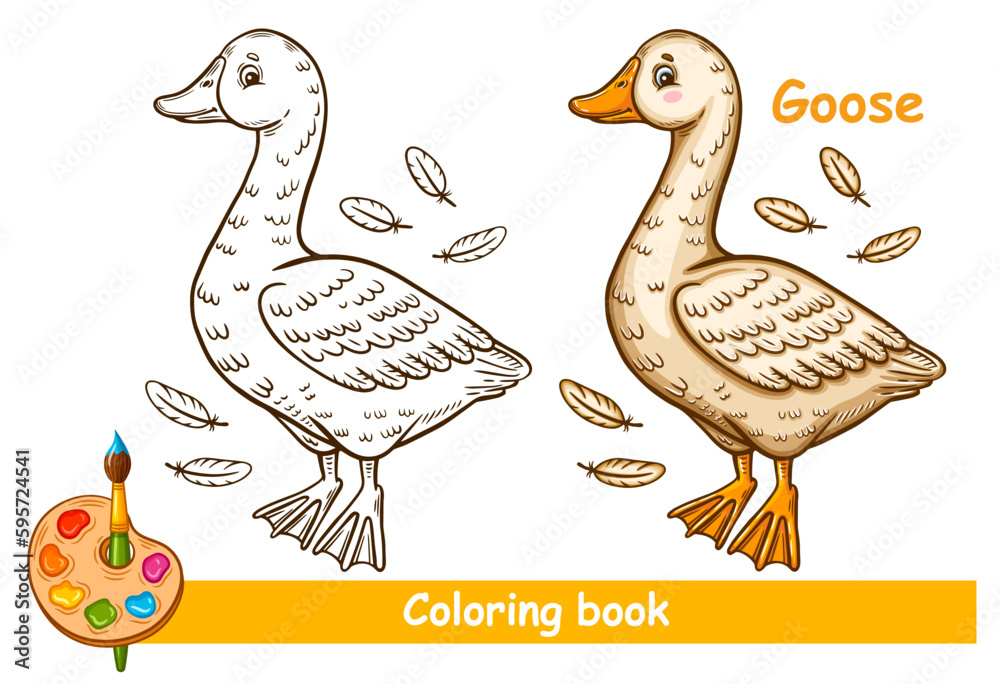 Vetor de Cute goose duck farm water bird children coloring book page ...