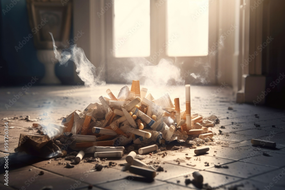 A pile of extinguished and crumpled cigarettes, cigarette burning and ...