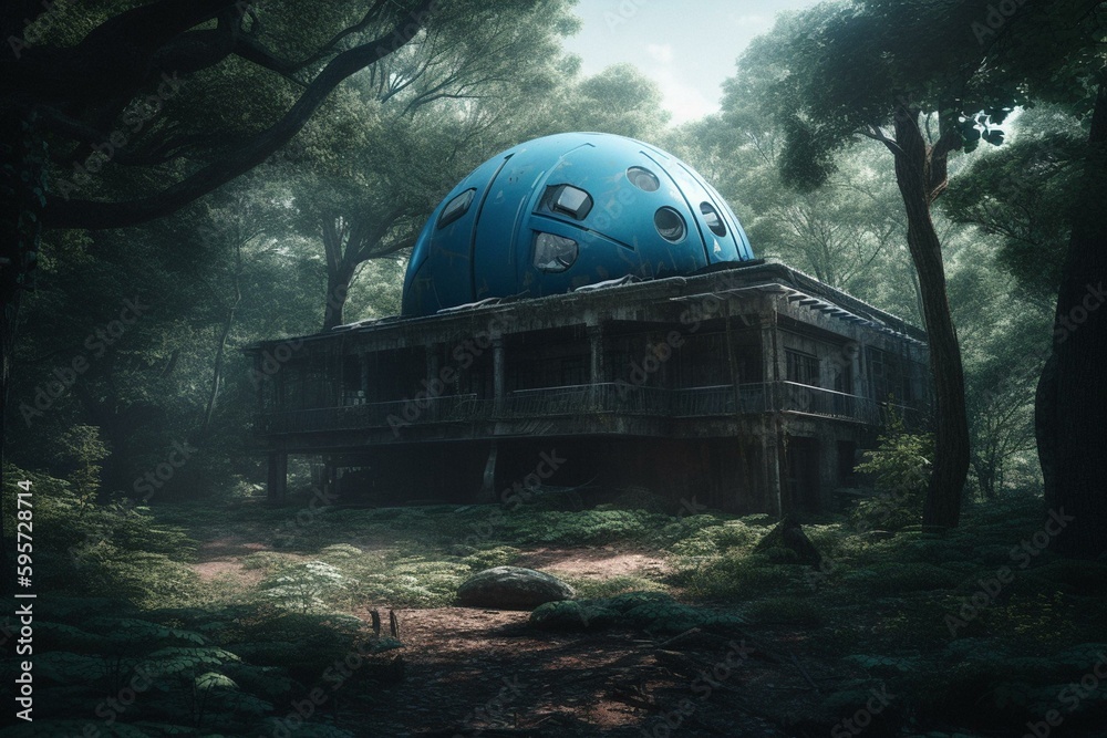 Fictional planet with blue aliens, deserted building in woods ...