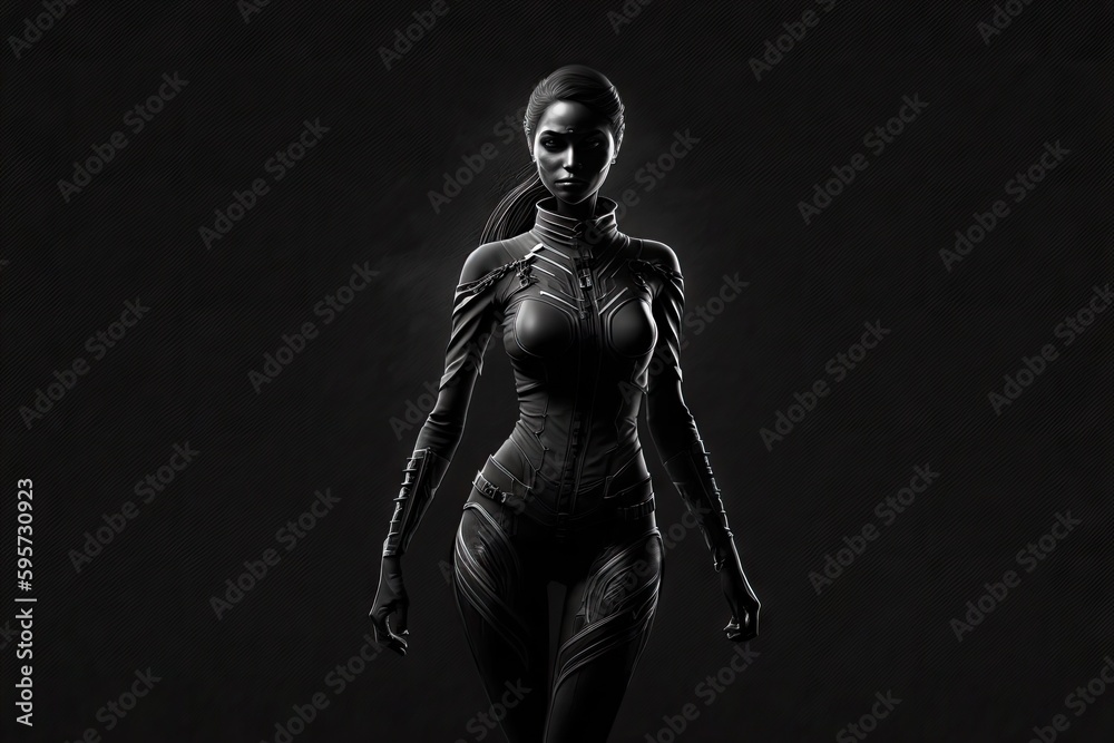 Ninja woman in full bodysuit isolated black background. Concept of ...