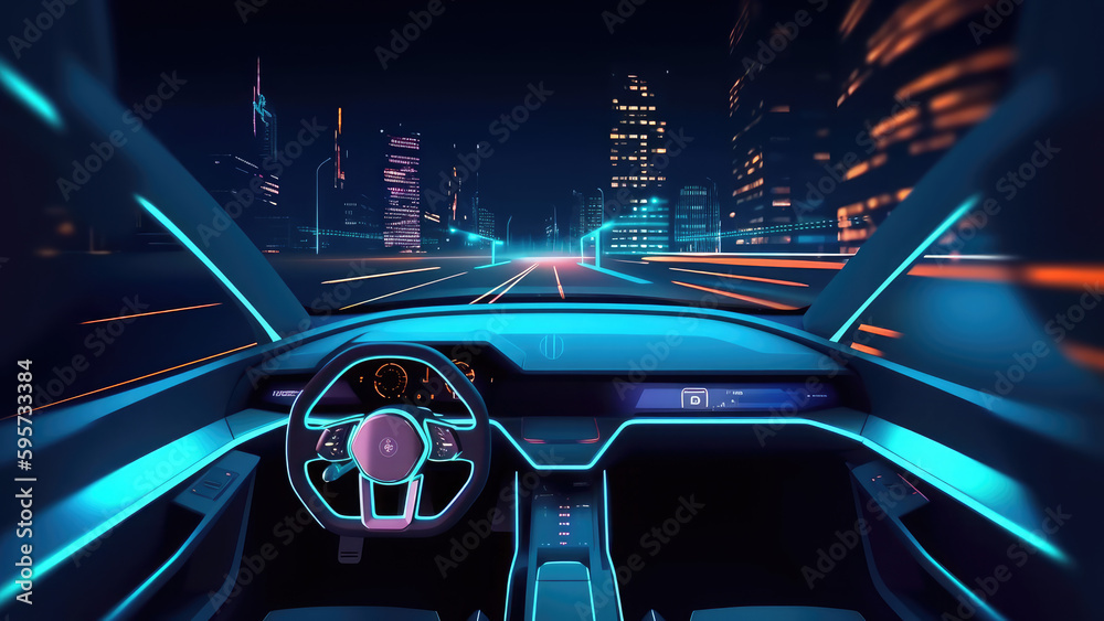 Car drive night road to city cartoon illustration. Cockpit inside view ...