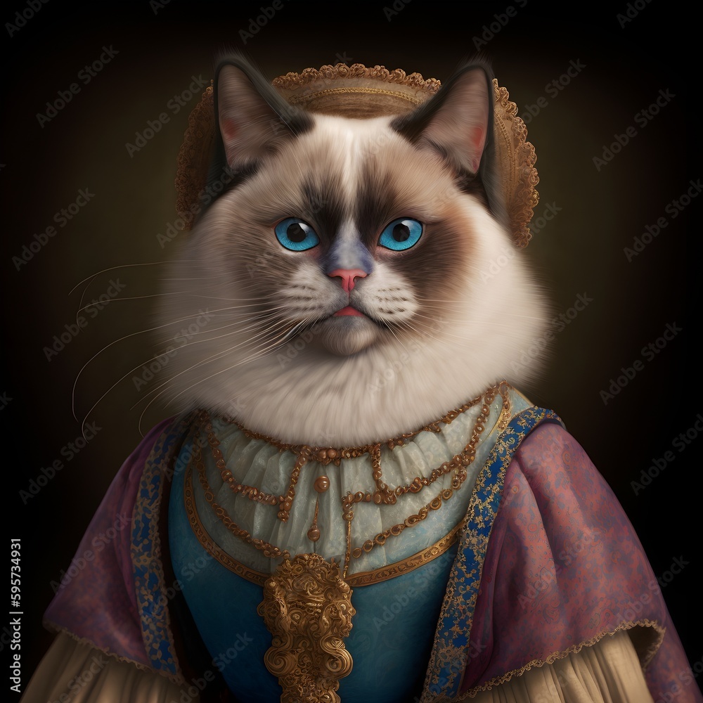 a felt portrait ragdoll cat princess dressed in a Elizabethan era ...