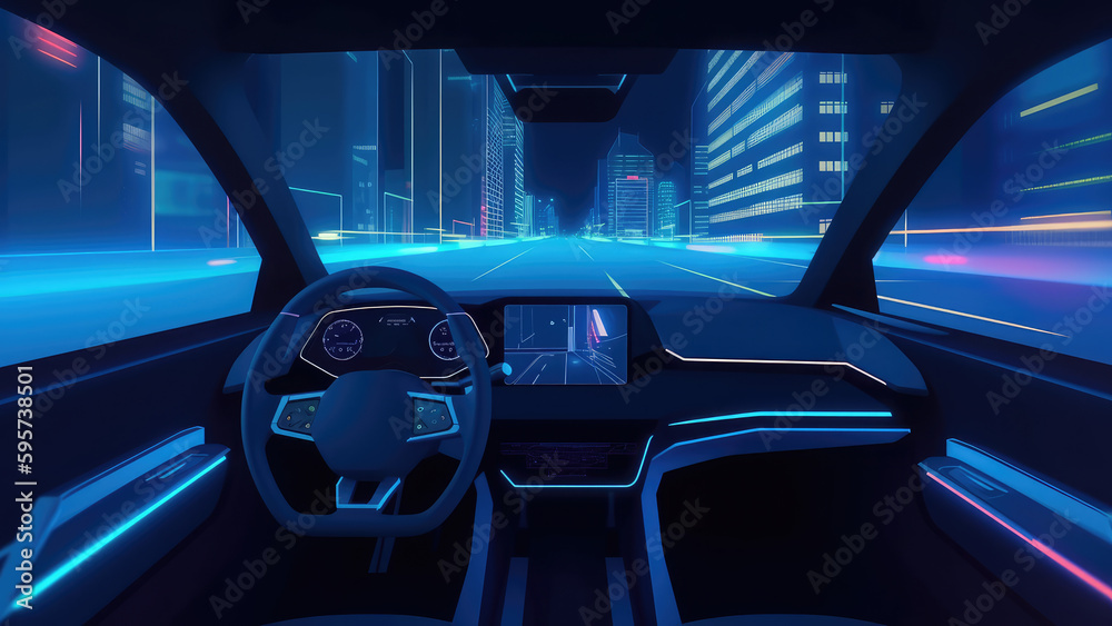 Car drive night road to city cartoon illustration. Cockpit inside view ...