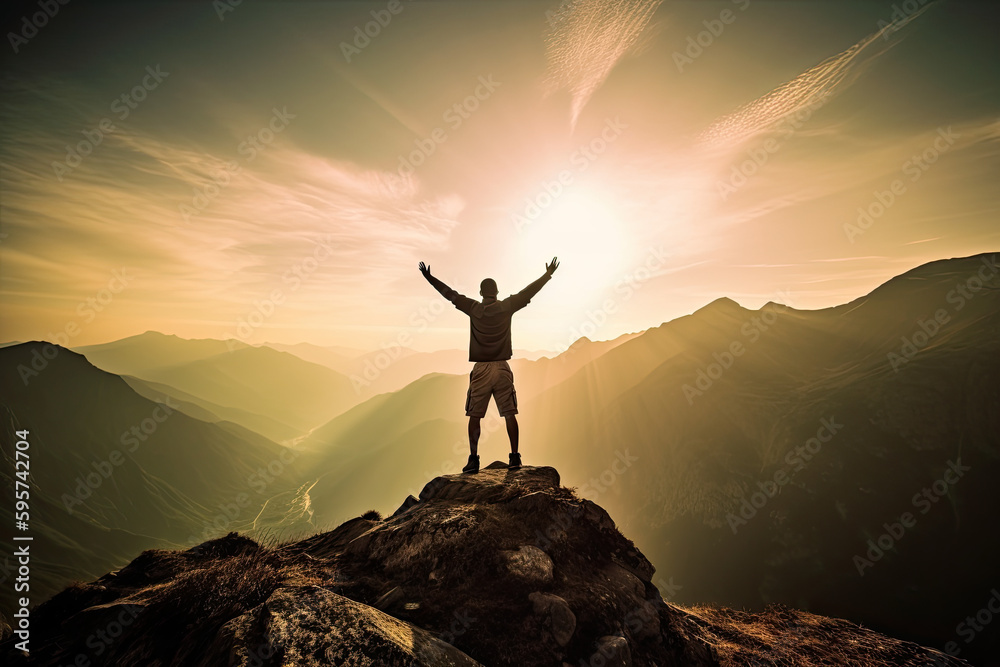 A man standing triumphantly on the top of a mountain. The solo conquering of the summit, evoking ...