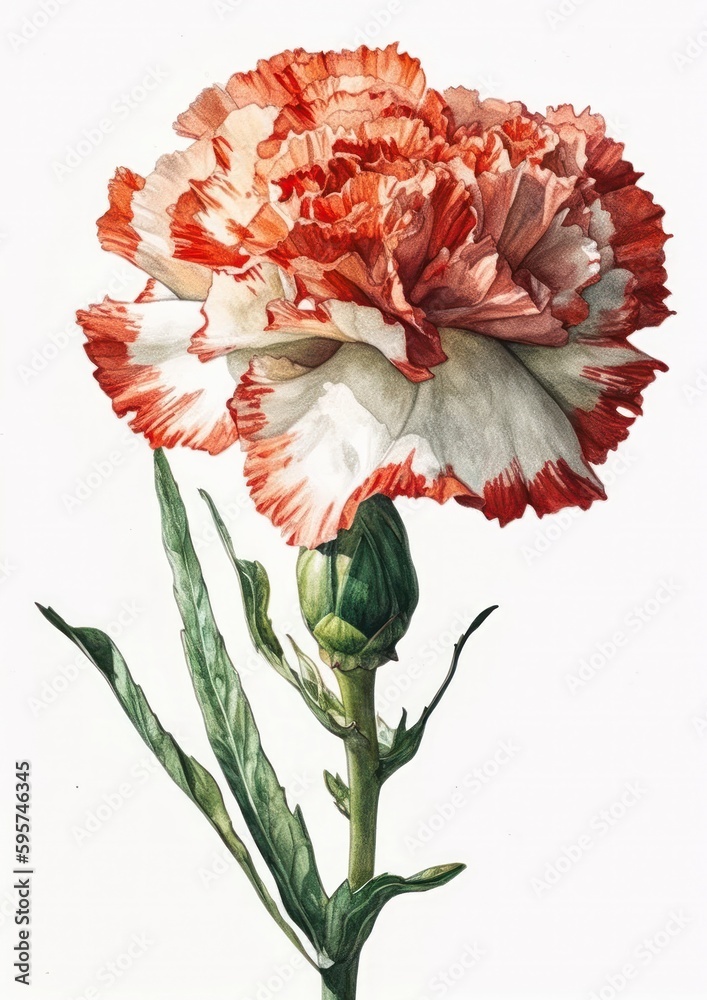 generate red white carnation closeup flower stem head illustration thin ...
