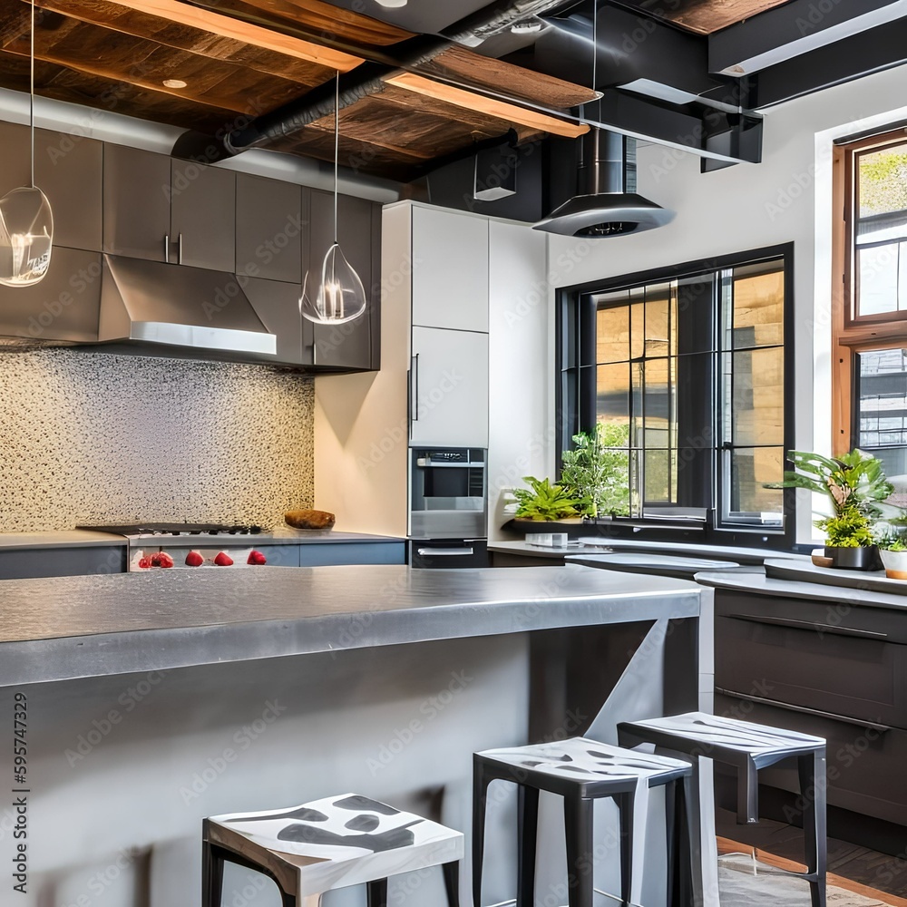 11 A modern, industrial-inspired kitchen with concrete countertops ...