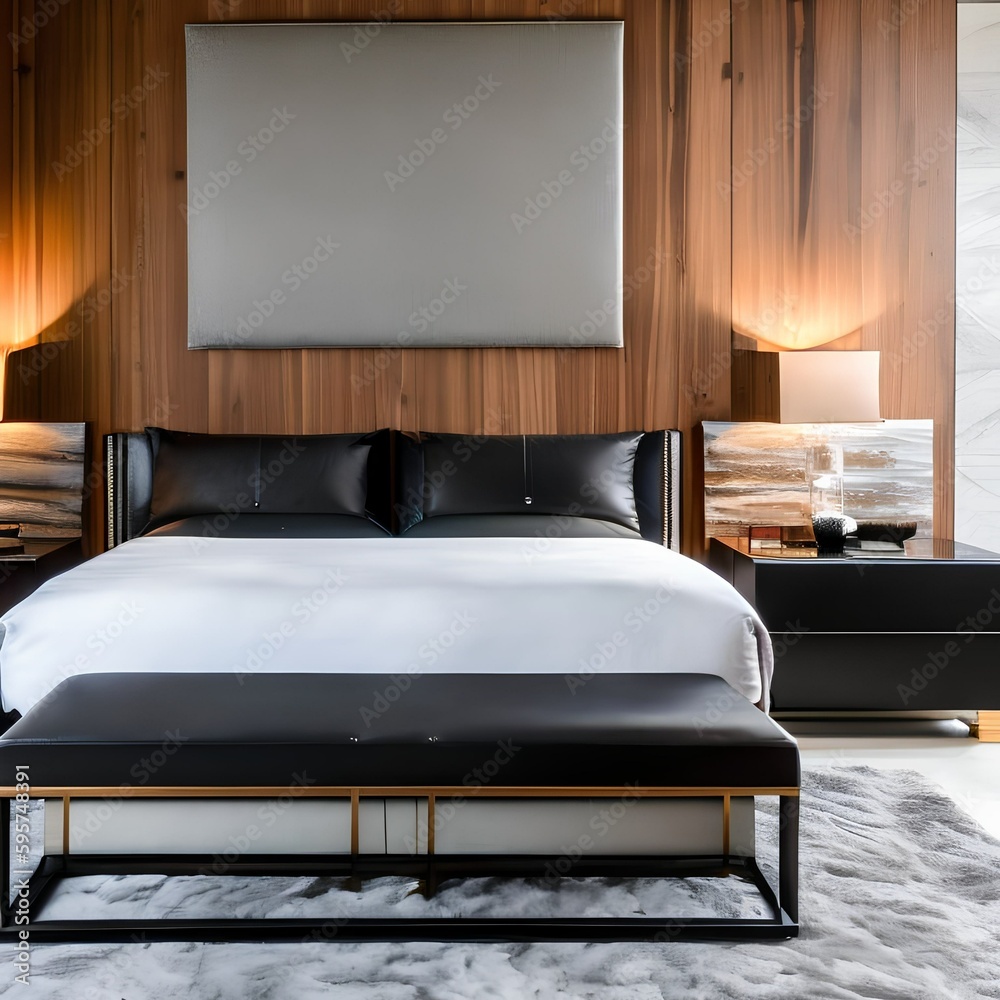 3 A modern, masculine bedroom with a black leather bed frame, a mix of metallic finishes, and a ...