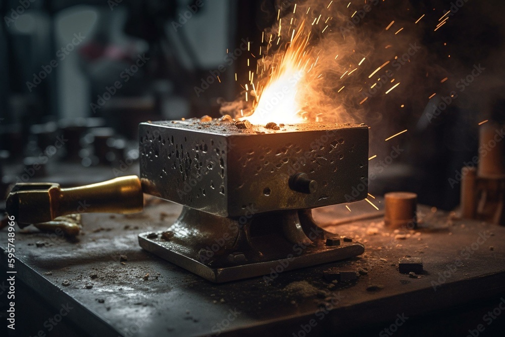 Flying flames and sparks produced as metal is worked on an anvil ...