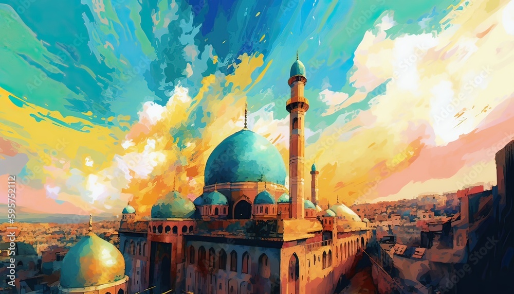 water color painting Arabic Islamic Typography design Mawlid al-Nabawai ...