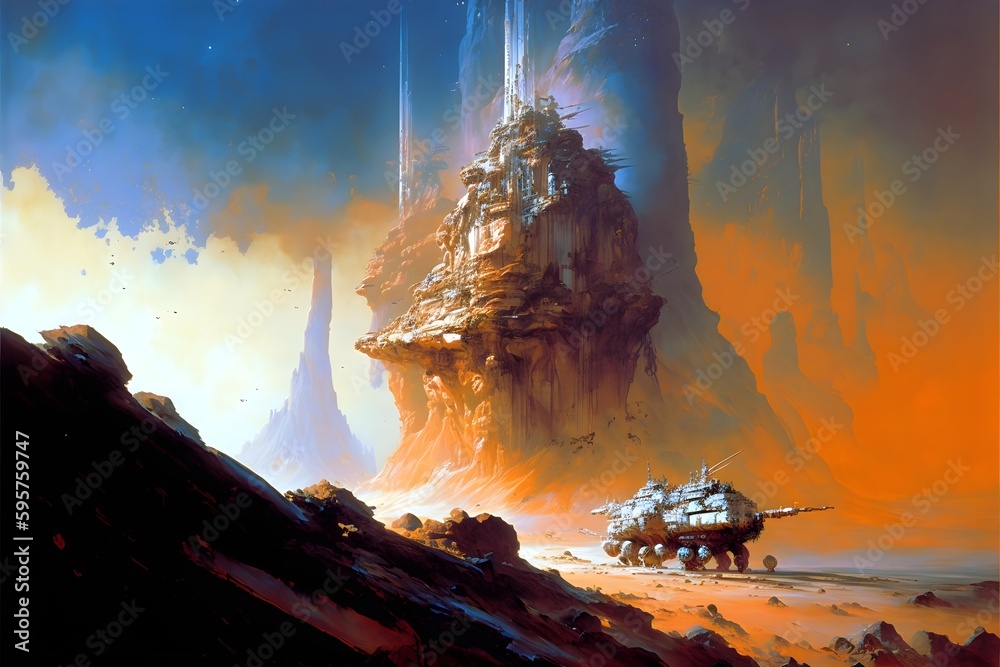 ruined city on mars in a canion by John Berkey HD ultrarealistic Stock ...
