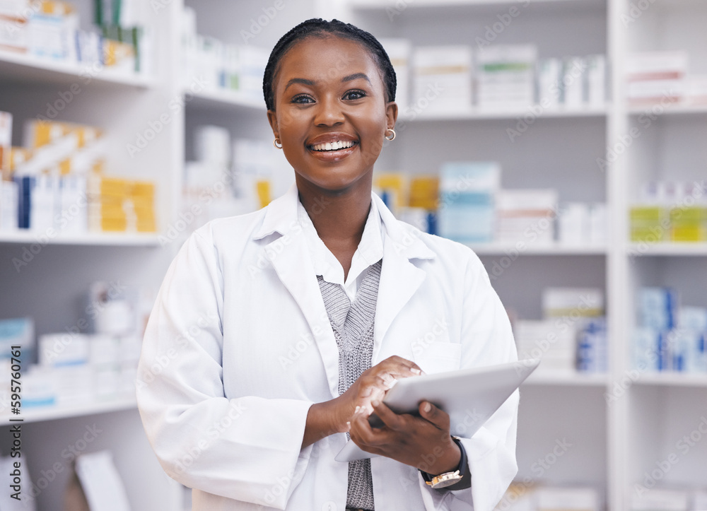 Portrait of black woman in pharmacy with tablet, smile and online ...