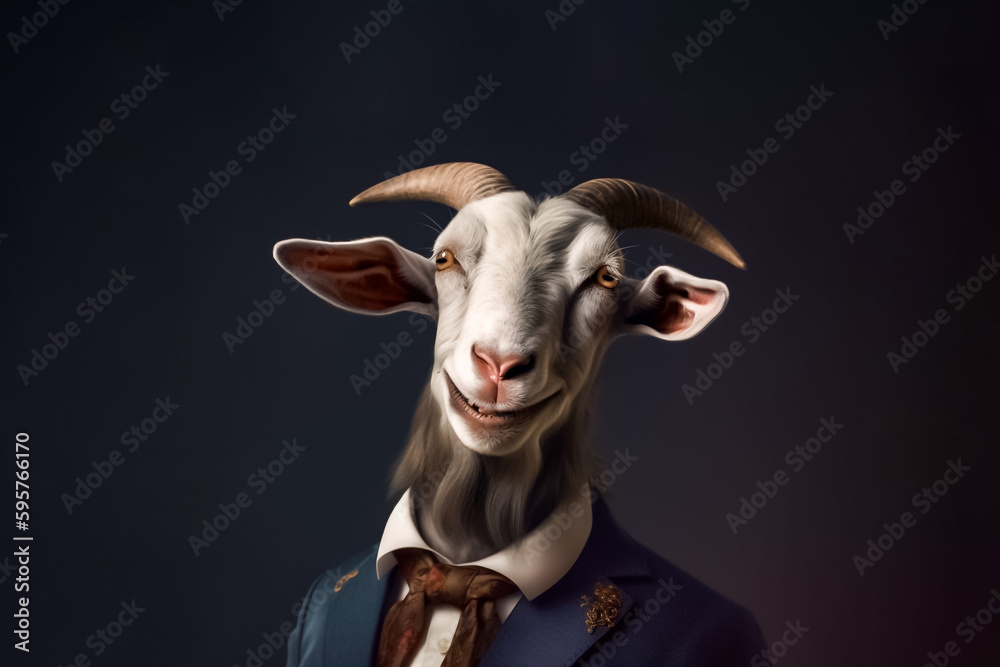 a real goat smiling and wearing a evening-dress human shape, in the ...