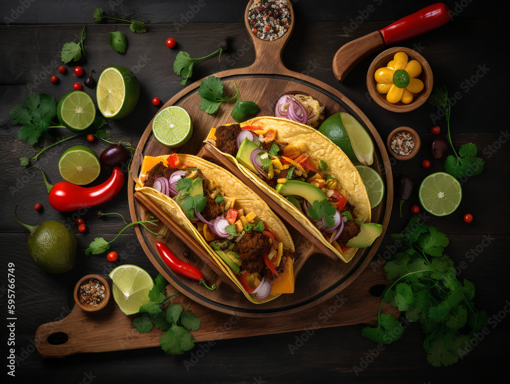 Taco bar table scene with a selection of ingredients. Overhead view on ...