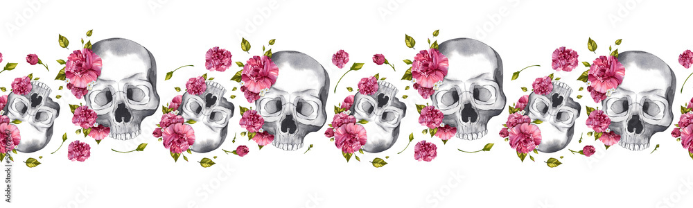 Horizontal border of human skull with flowers and carnation buds. The ...