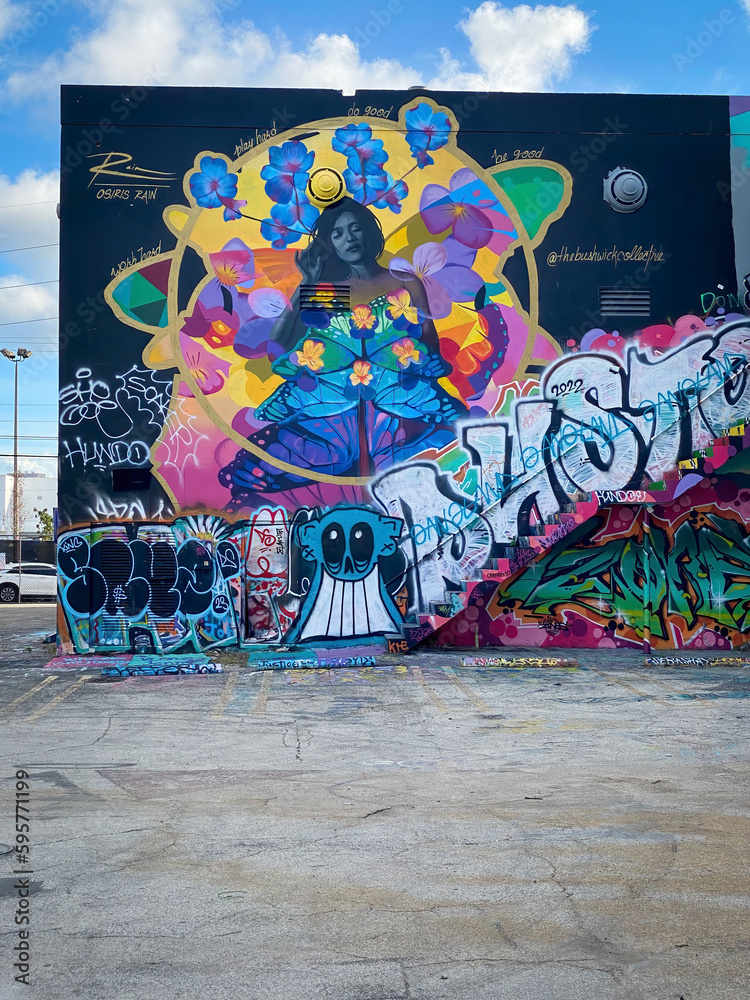 Miami, Florida, USA - November 2, 2022: Colorful graffiti art line the ...