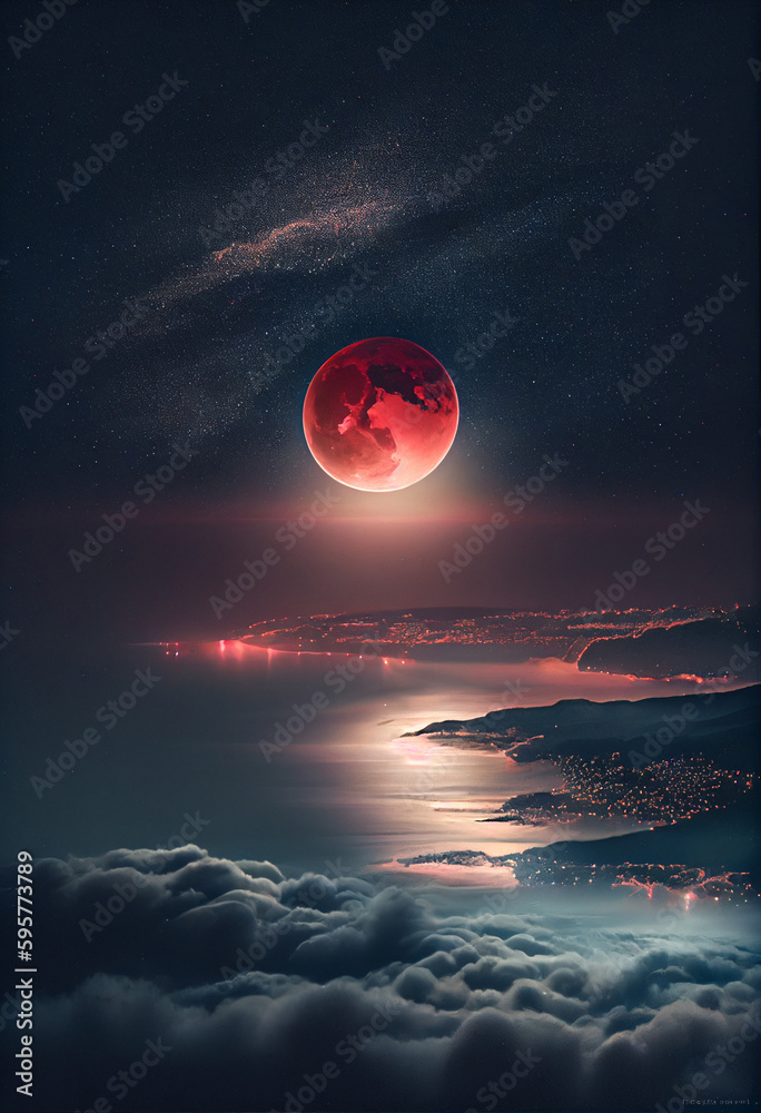 Full red moon with reflection closeup showing the details of the lunar ...