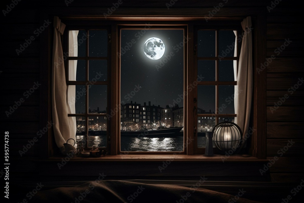 Surreal black window frames a night scene of boat and moon. Generative ...