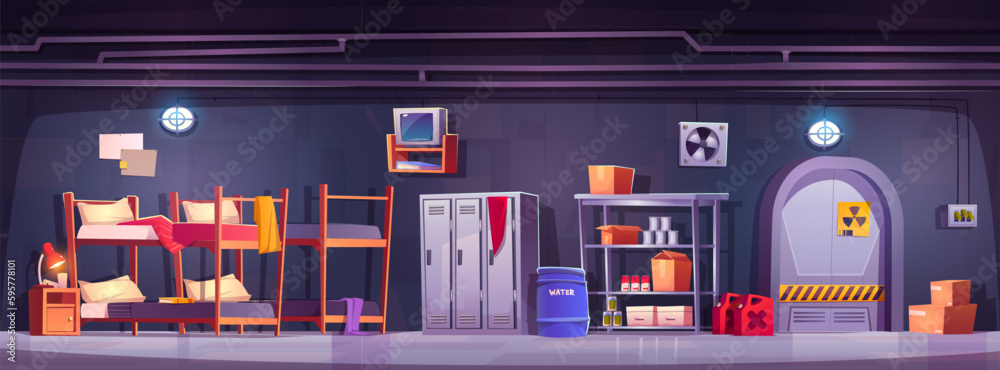 Cartoon secret bunker room bedroom on underground base. Nuclear shelter ...