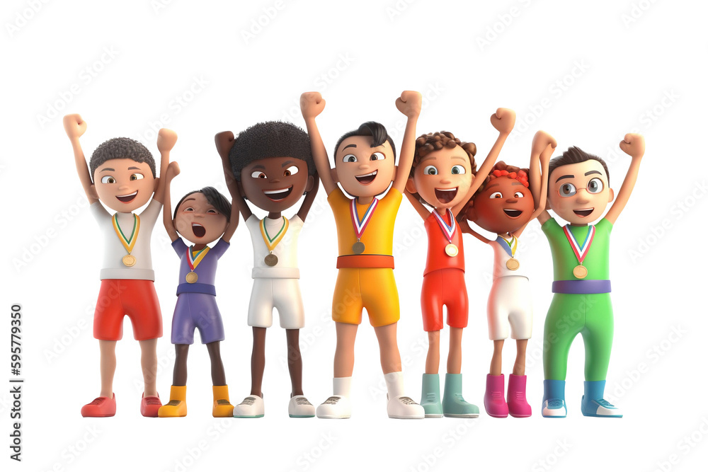 3D cartoon character cute smile multi-ethnic group of athletes receive ...