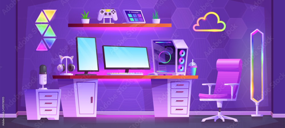 Neon teen streamer room interior with desk and pc vector background ...