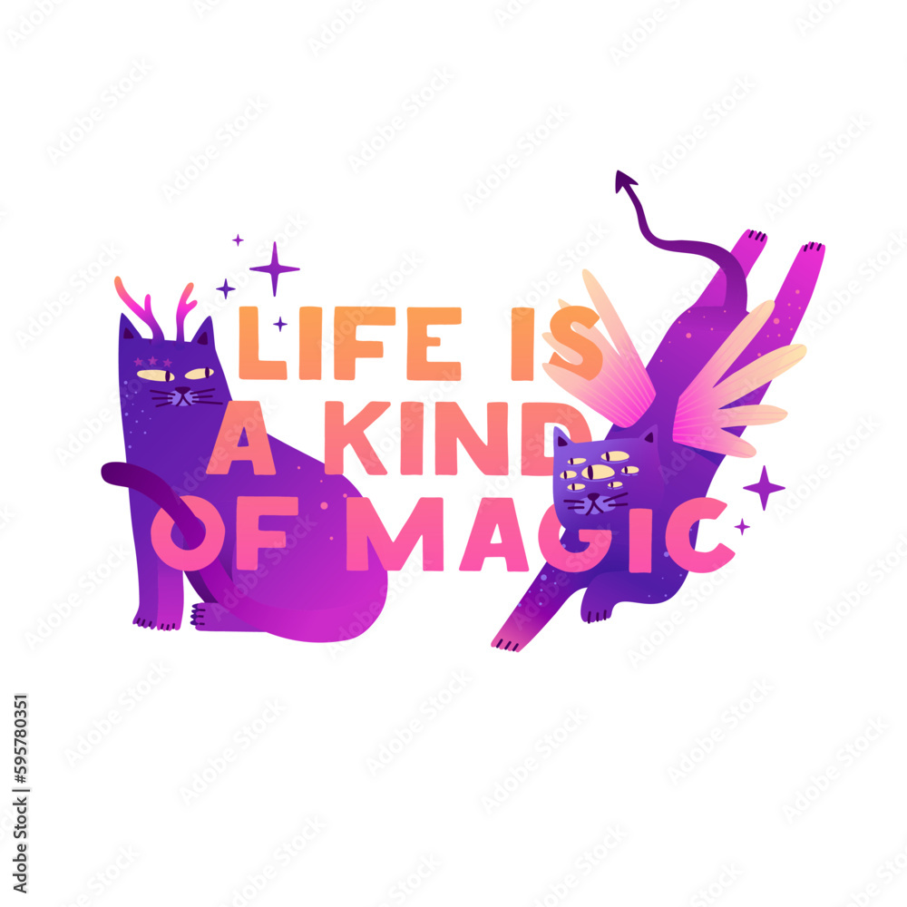 Cute illustration with mystical shiny cat. Magic characters of cat with ...