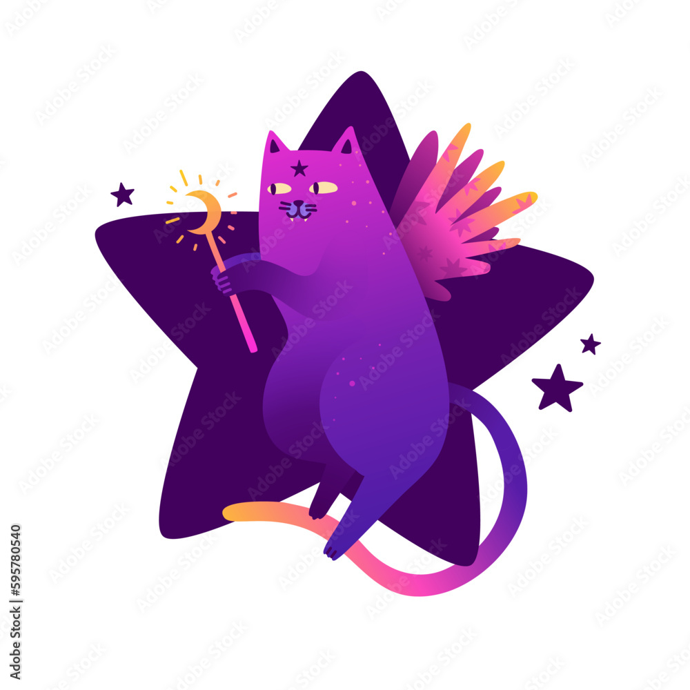 Cute illustration with mystical shiny cat. Magic characters of cat with ...