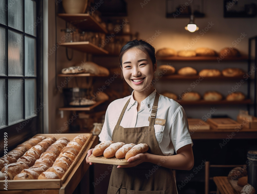 Bakery shop owner people person holding a tray of bread Smile Asian ...