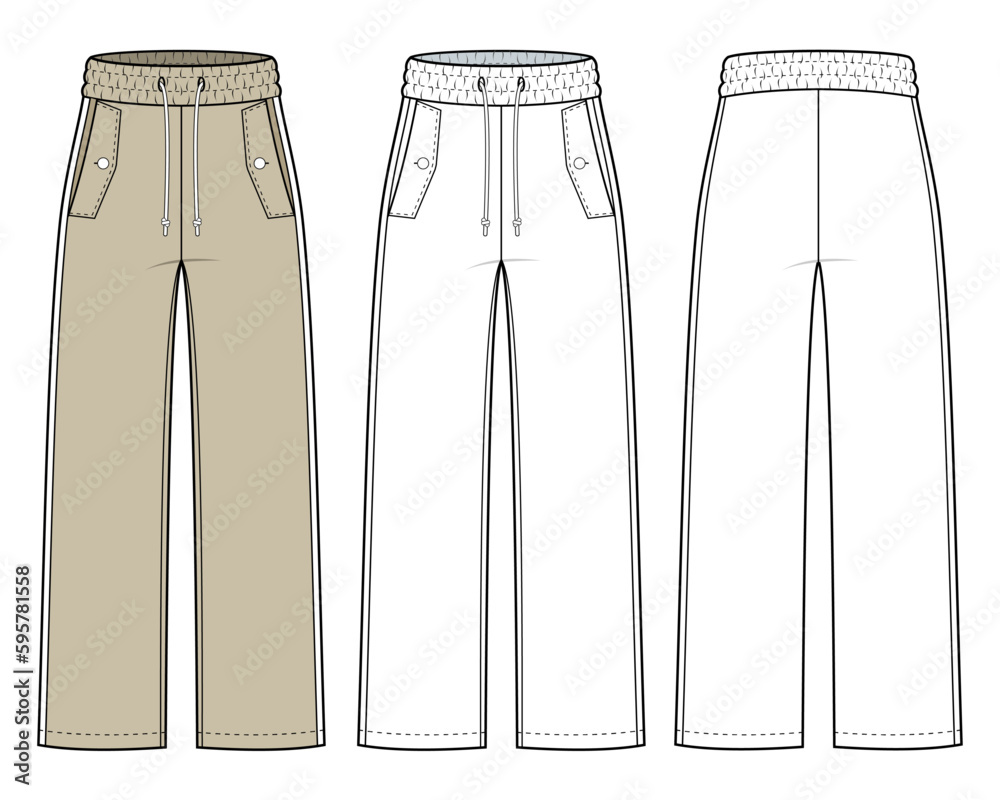 Loungewear pants fashion flat, technical sketch. pants with pockets ...