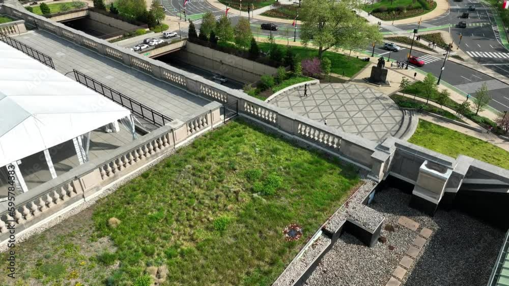 Grass on top of Free Library of Philadelphia Pennsylvania. Aerial tilt ...