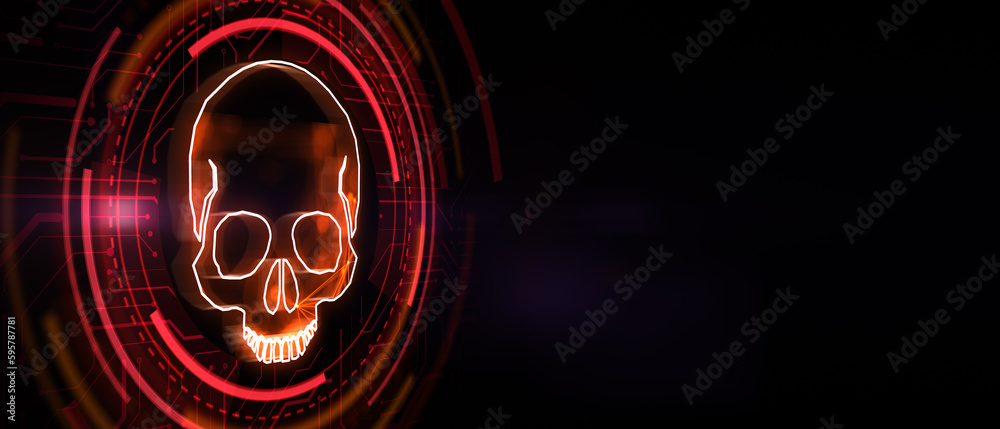 Digital red skull on wide dark background with mock up place ...