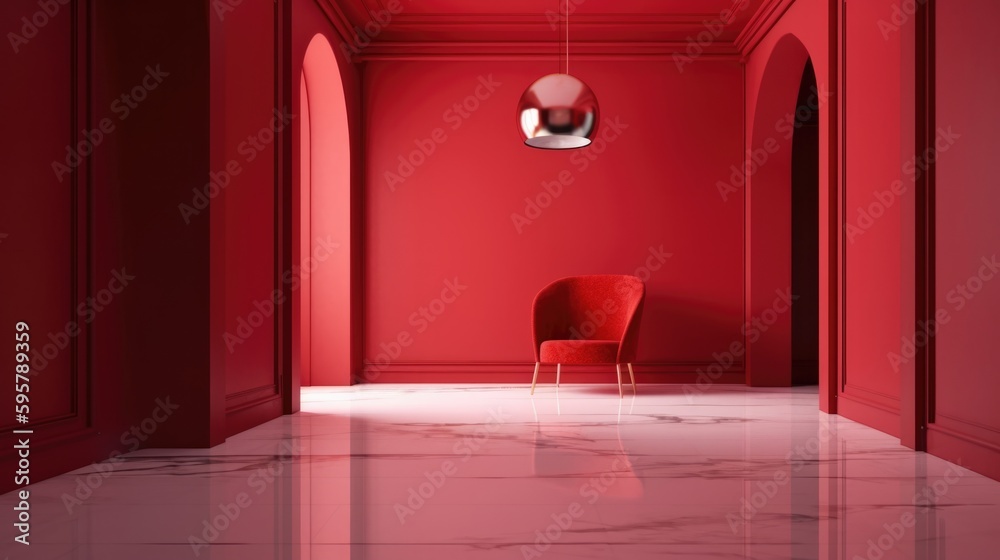Minimalist Red Room with Chairs and small table. Interior design ...
