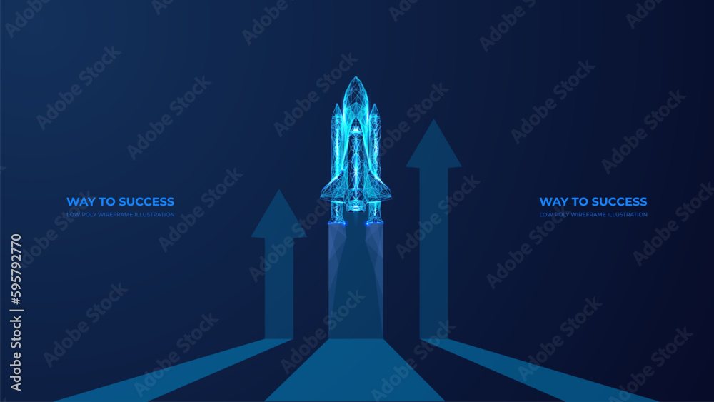 Abstract space shuttle and arrows up. Digital rocket launches. Start-up ...