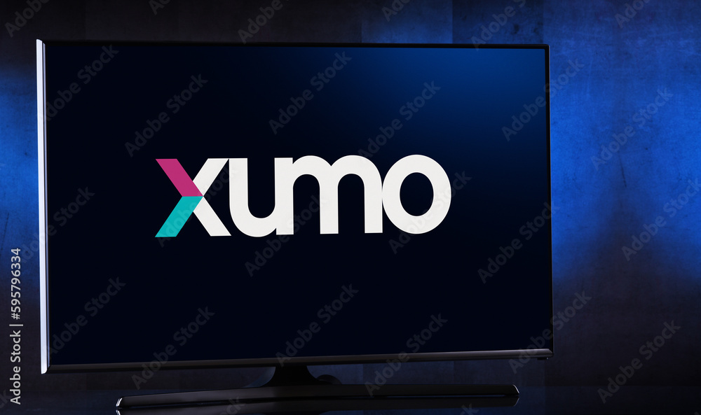 Flat-screen TV set displaying logo of Xumo Play Stock Photo | Adobe Stock