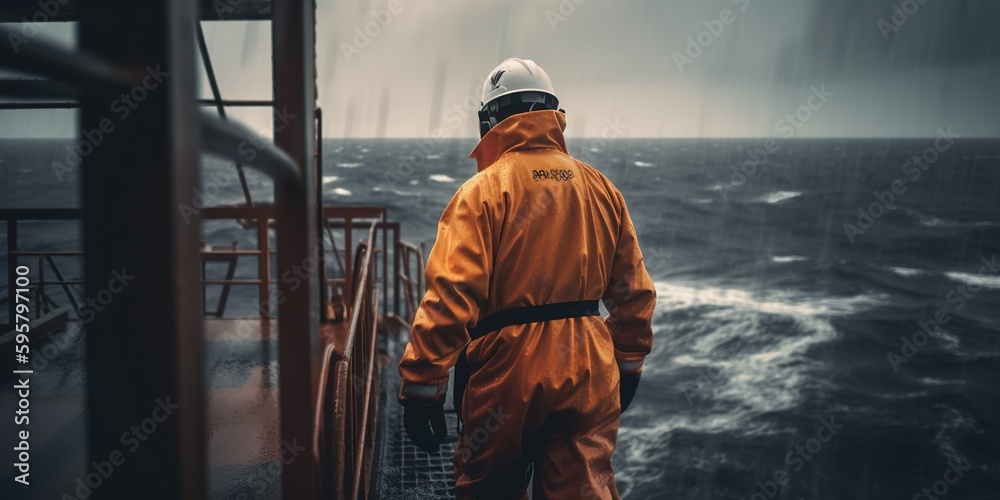 Industrial worker in orange overall and helmet watches the work of an ...