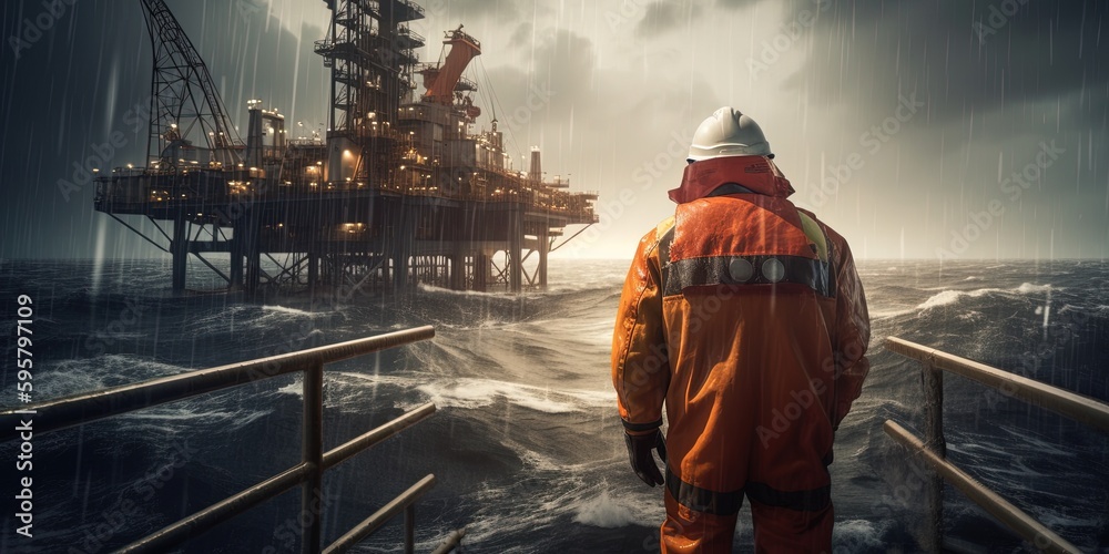 Industrial worker from behind in orange overall. Worker at a offshore ...