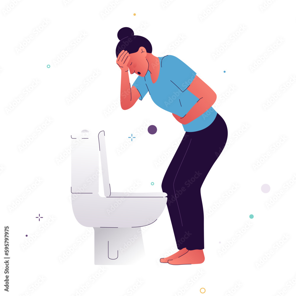 Vector illustration of a woman who stands over the toilet, holding her ...