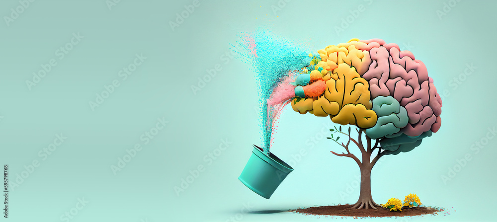 Human brain tree with sparkling colorful water from the bucket ...
